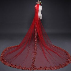 Red Sequins Long Veil,bridal Lace Veil,one Layer Lace Veil,red Wedding ...