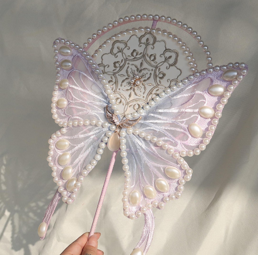 Pink Butterfly Hand Fan,elegant Pearl Bridal Fan,party Fan,wedding Fan ...