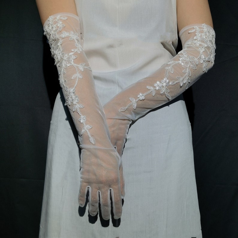 Ivory Lace Wedding Gloves,tea Party Gloves,long Sheer Gloves,floral ...