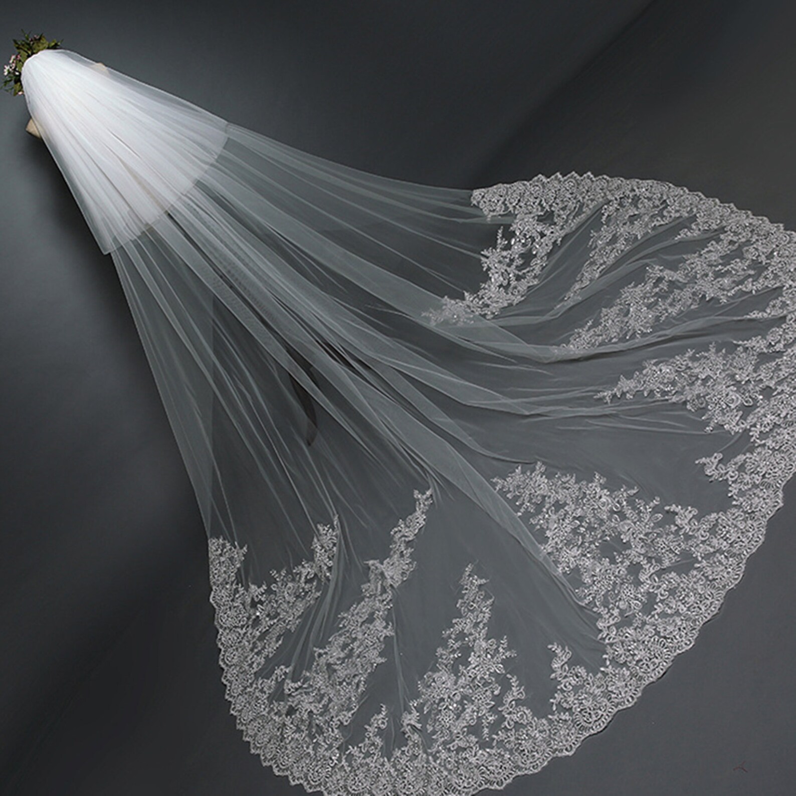 Beautiful Long Veil With Lace Sequins Edgemantilla Veil With - Etsy