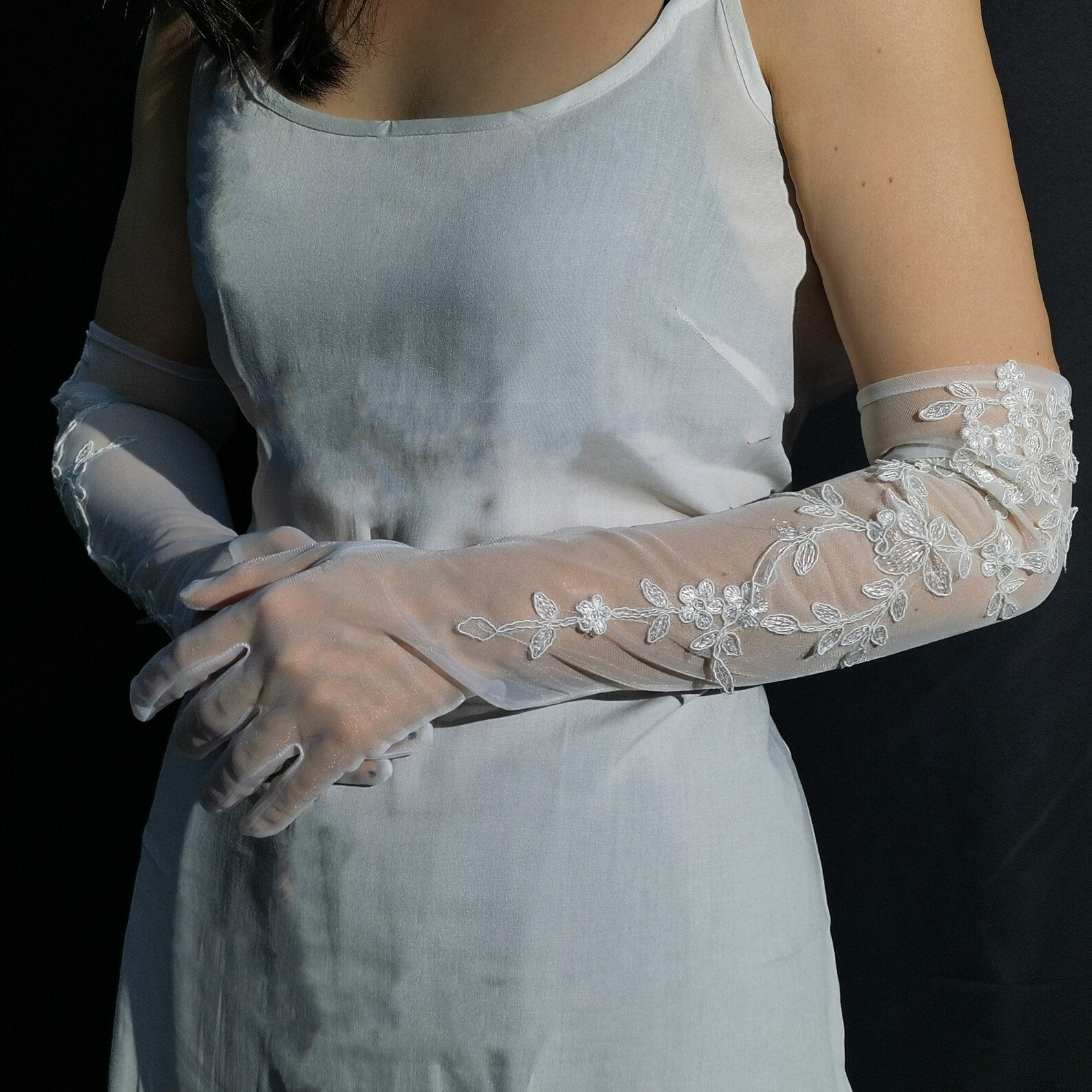 Ivory Lace Wedding Gloves,tea Party Gloves,long Sheer Gloves,floral ...