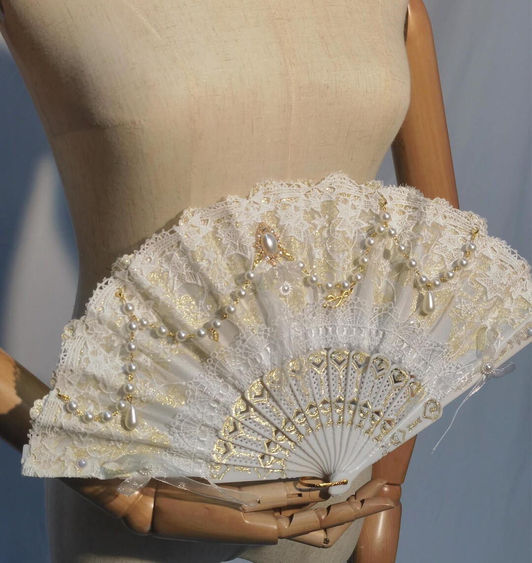 Ivory Lace Held Lace Fan,vintage Pearl Fan,party Favor,bridal Fan ...