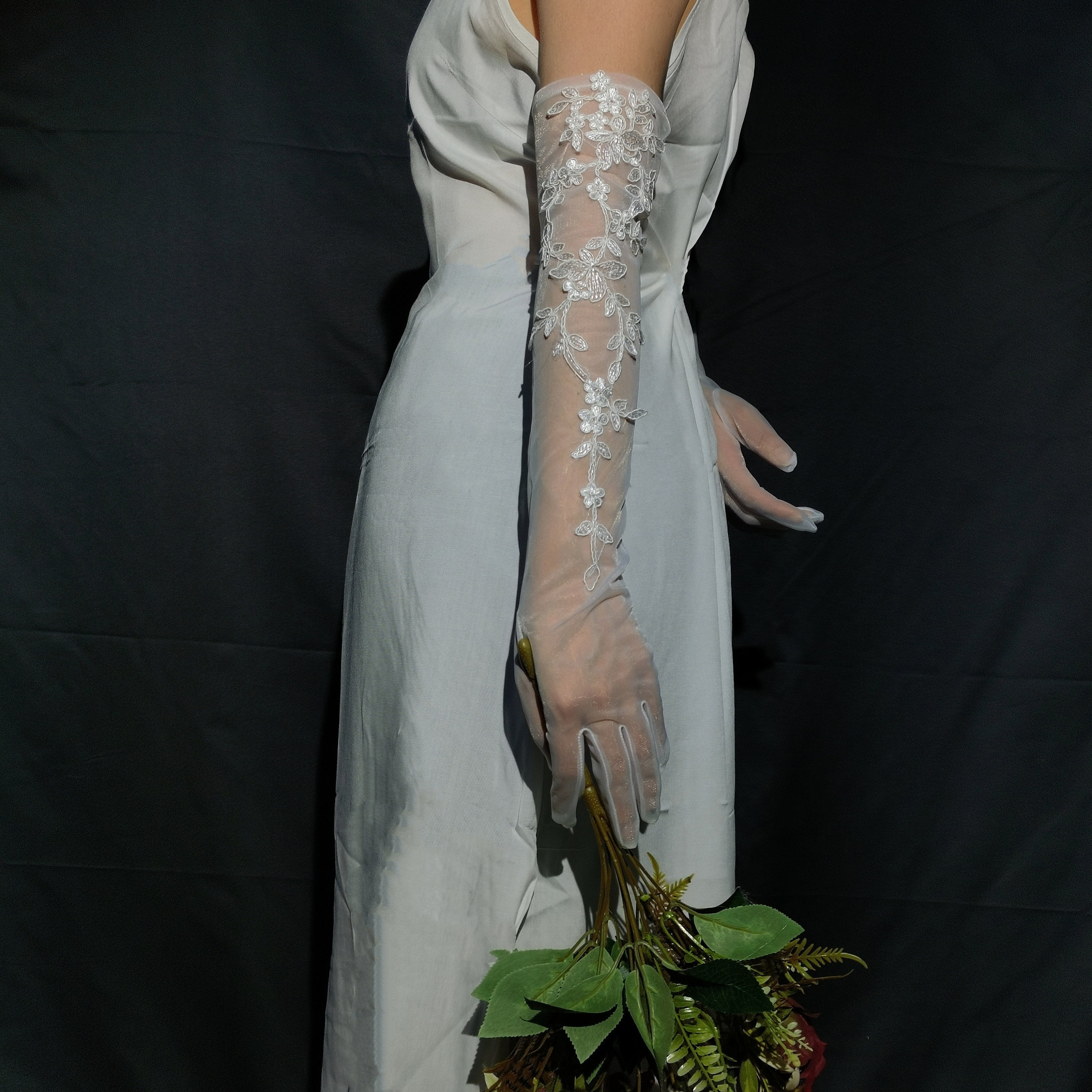 Ivory Lace Wedding Gloves,tea Party Gloves,long Sheer Gloves,floral ...