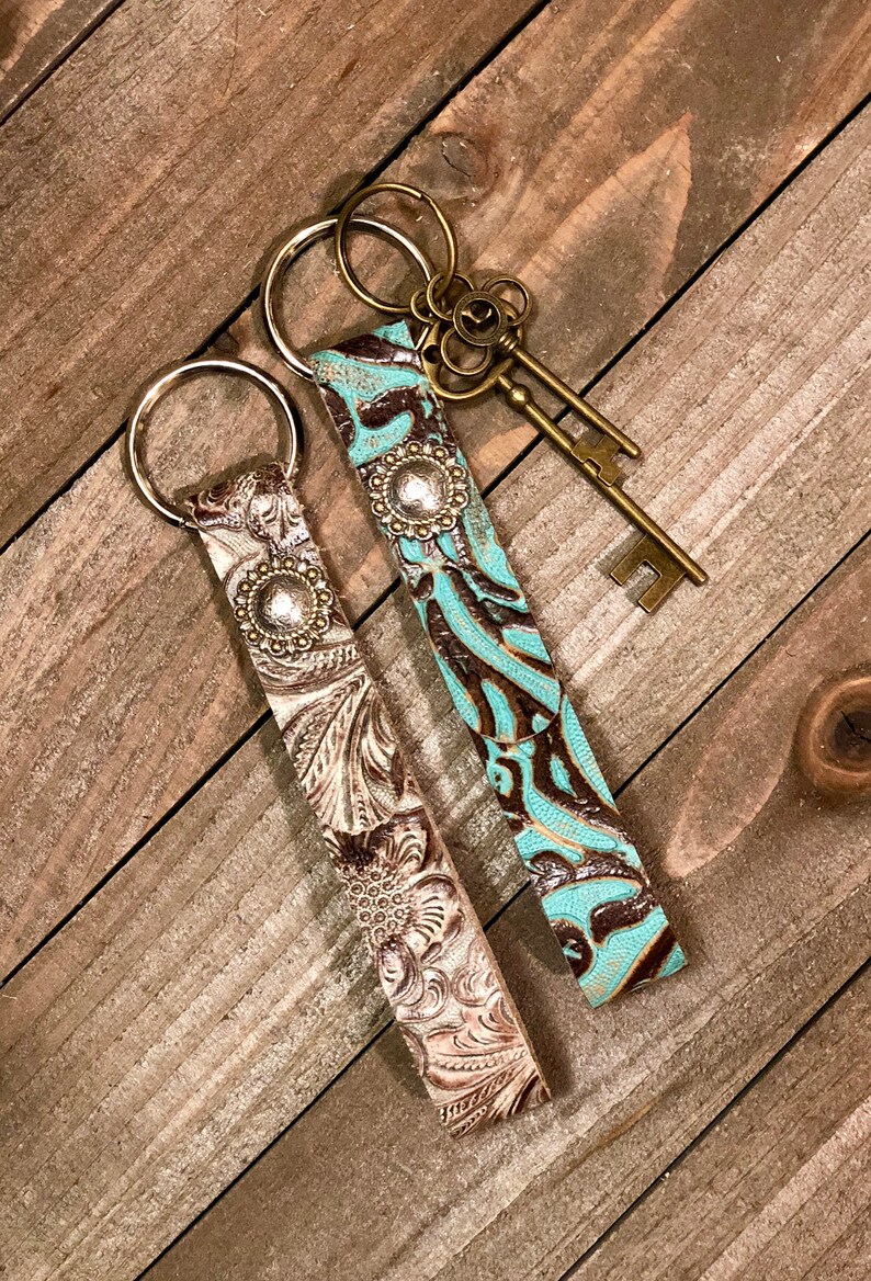 Leather Keychain Leather Western Floral Embossed Keychain | Etsy