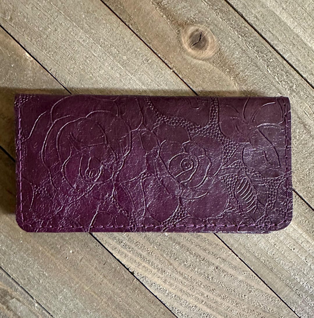 Genuine Leather Checkbook Cover, Handmade Purple Flower Embossed ...