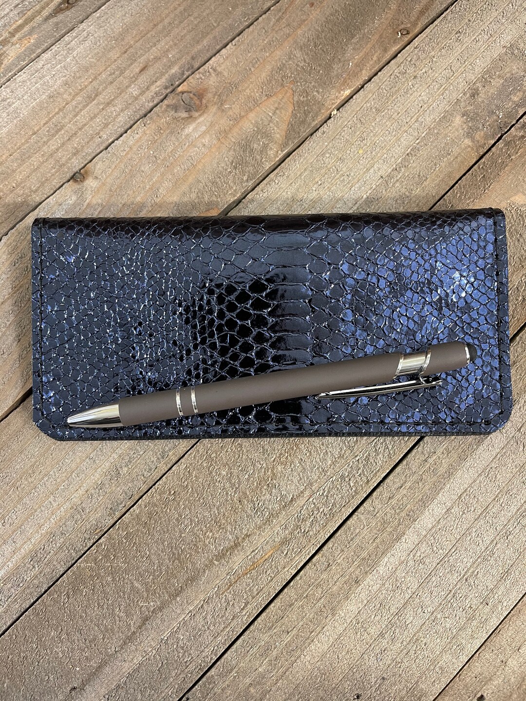 Genuine Italian Leather Checkbook Cover, Handmade Blue Metallic Python ...