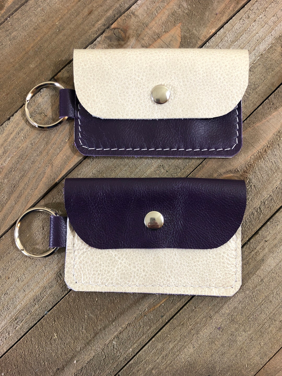 Violet Leather Business Card Keychain, Genuine Leather Coin Purse ...
