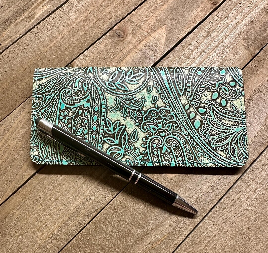 Genuine Leather Checkbook Cover, Handmade Paisley Leather Checkbook ...