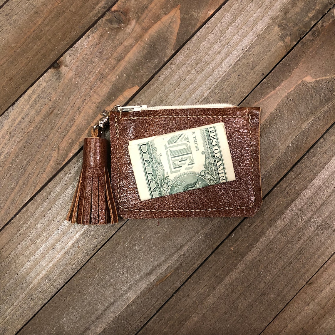 Brown Leather Zip Coin Purse With Tassel, Handmade Genuine Leather Coin ...
