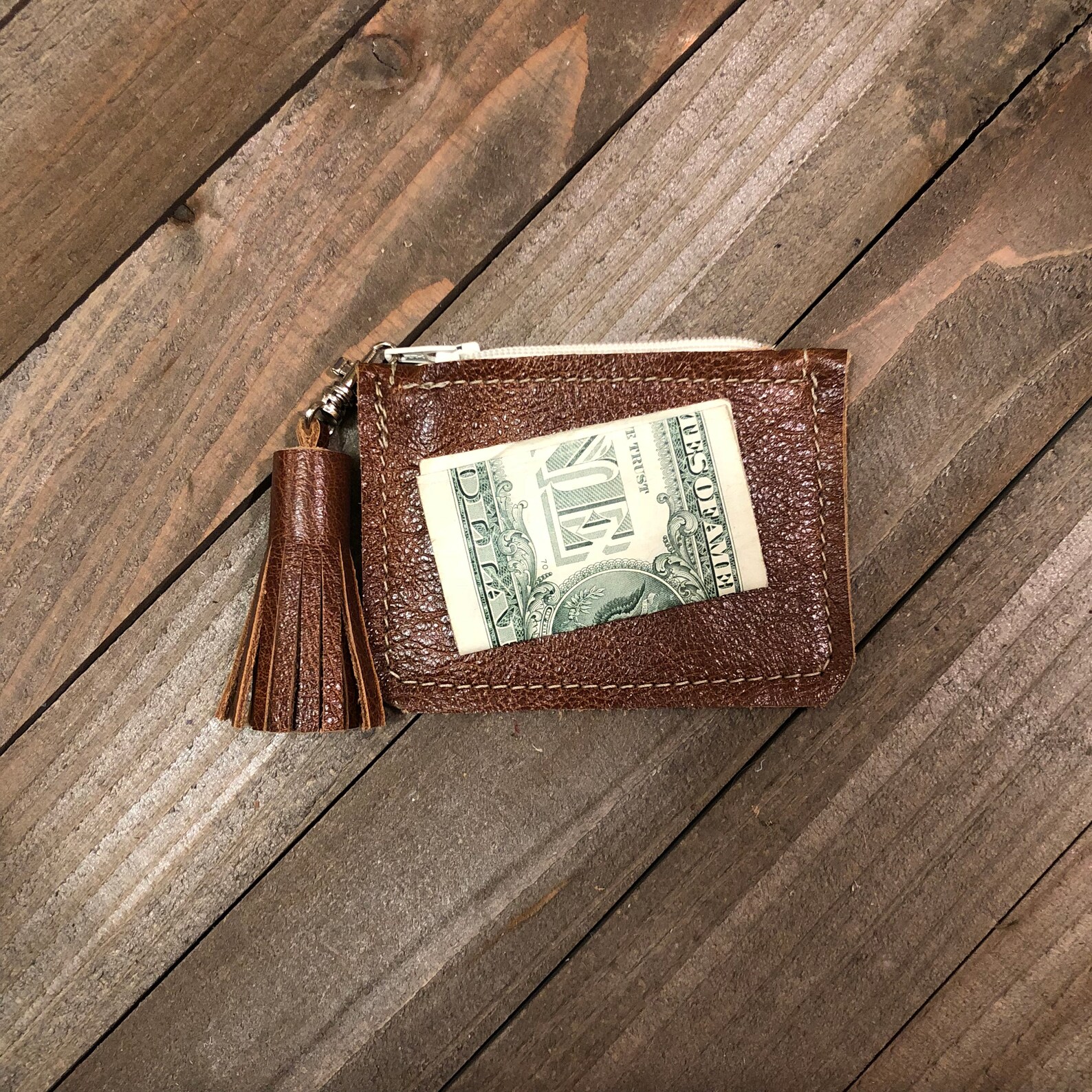 Brown Leather Zip Coin Purse With Tassel, Handmade Genuine Leather Coin ...