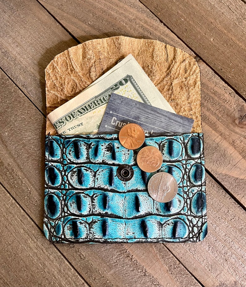 Blue Gator Embossed Leather Coin Purse, Handmade Genuine Leather ...
