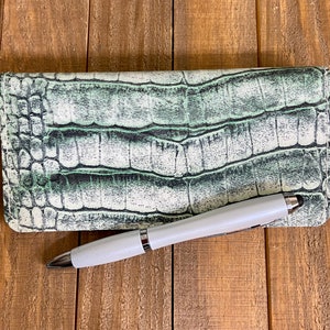 Italian Leather Checkbook Cover, Green and White Croc Pattern Leather ...