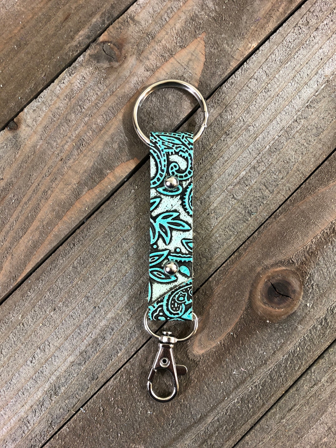 Green and White Genuine Leather Key Fob, Leather Key Fob, Western ...