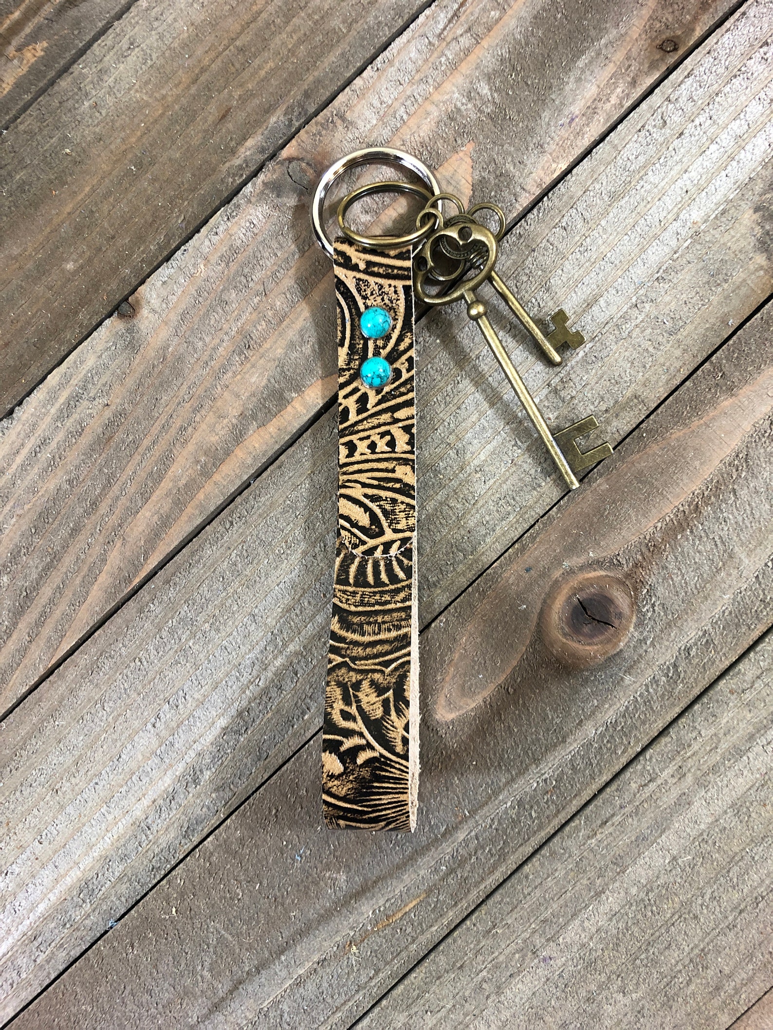 Genuine Leather Keychain, Leather Western Floral Embossed Keychain ...