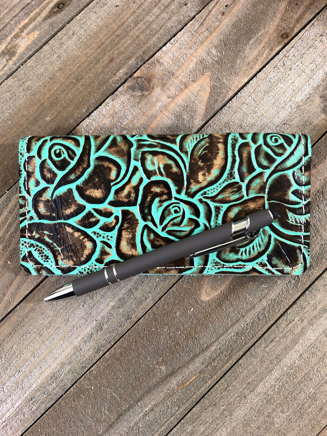Green and Brown Rose Leather Checkbook Cover - Etsy