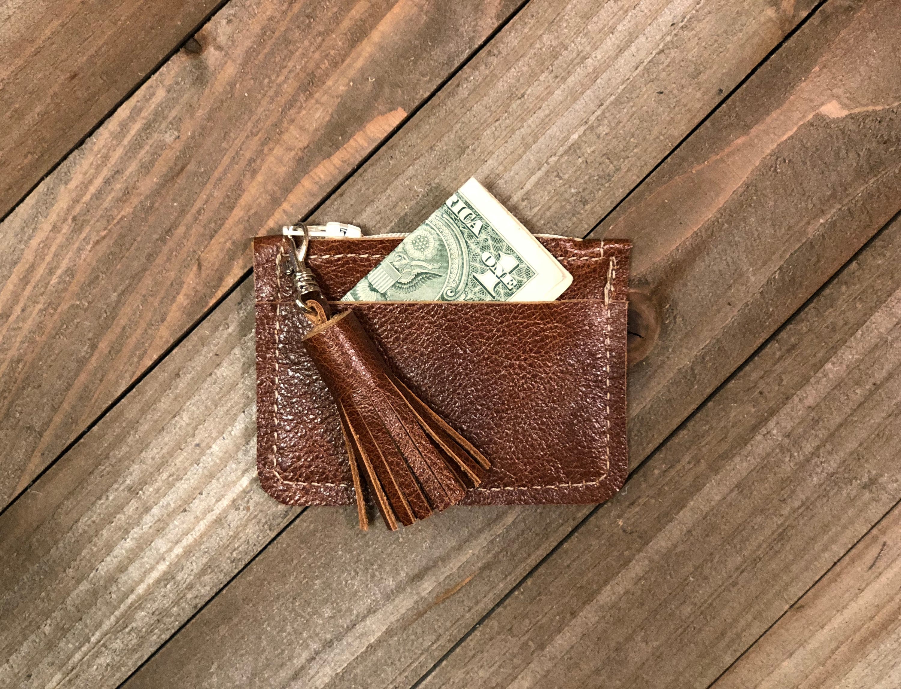 Brown Leather Zip Coin Purse With Tassel, Handmade Genuine Leather Coin ...