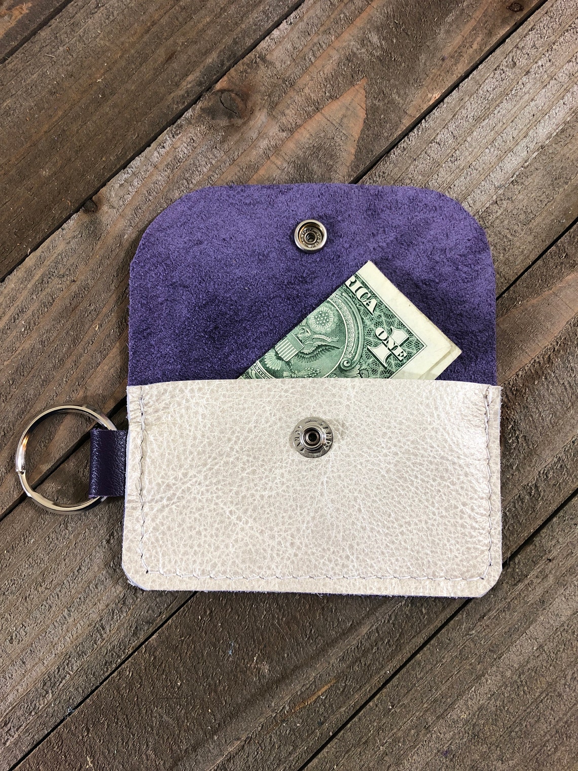 Violet Leather Business Card Keychain, Genuine Leather Coin Purse ...