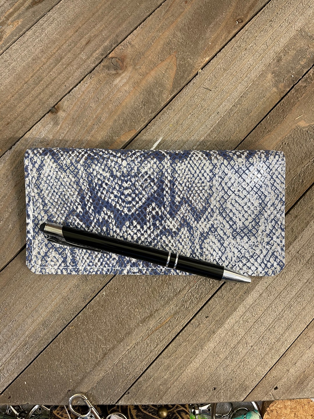 Python Print Italian Genuine Leather Checkbook Cover, Blue and Silver ...