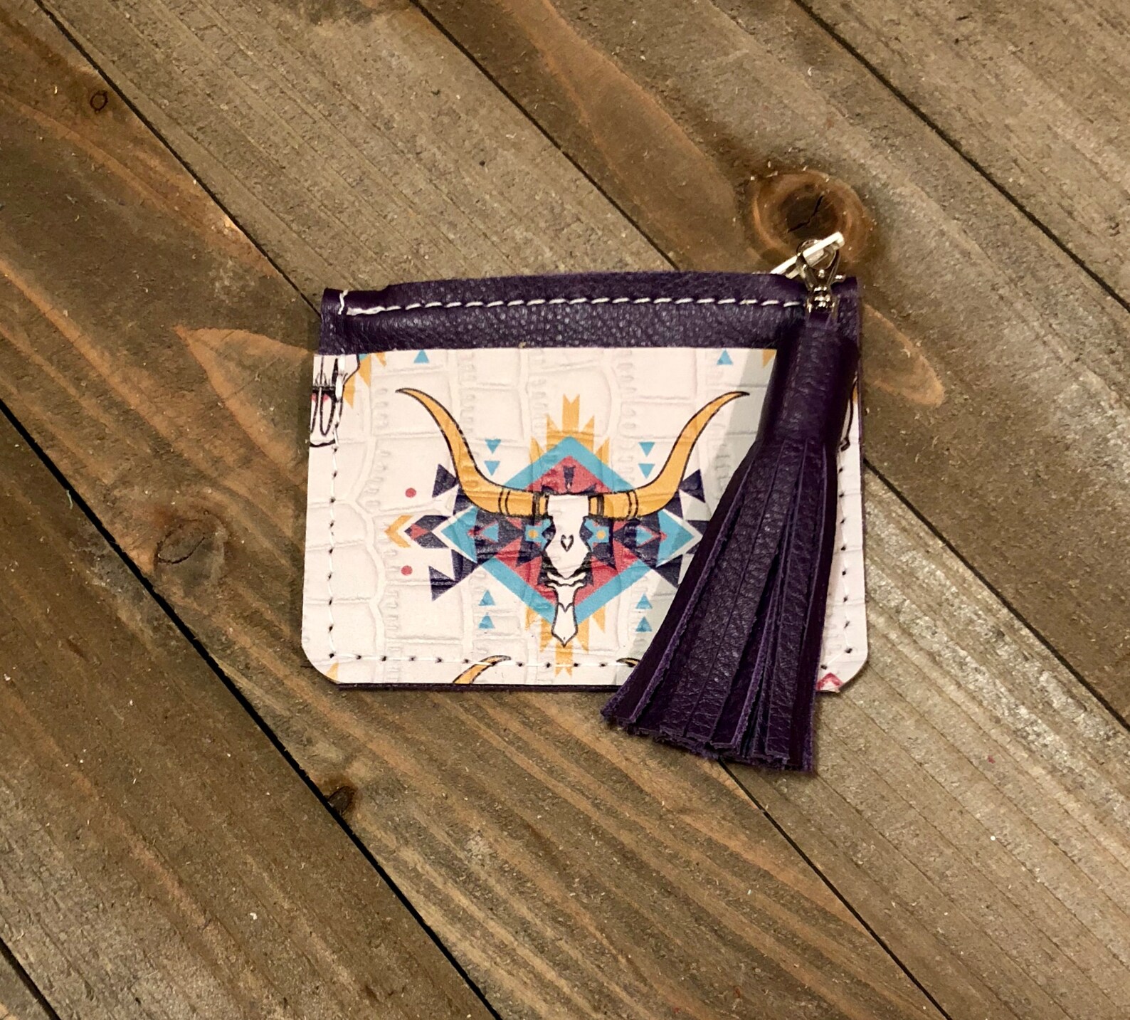 Violet Leather Zip Coin Purse Cow Skull Side Pocket And | Etsy