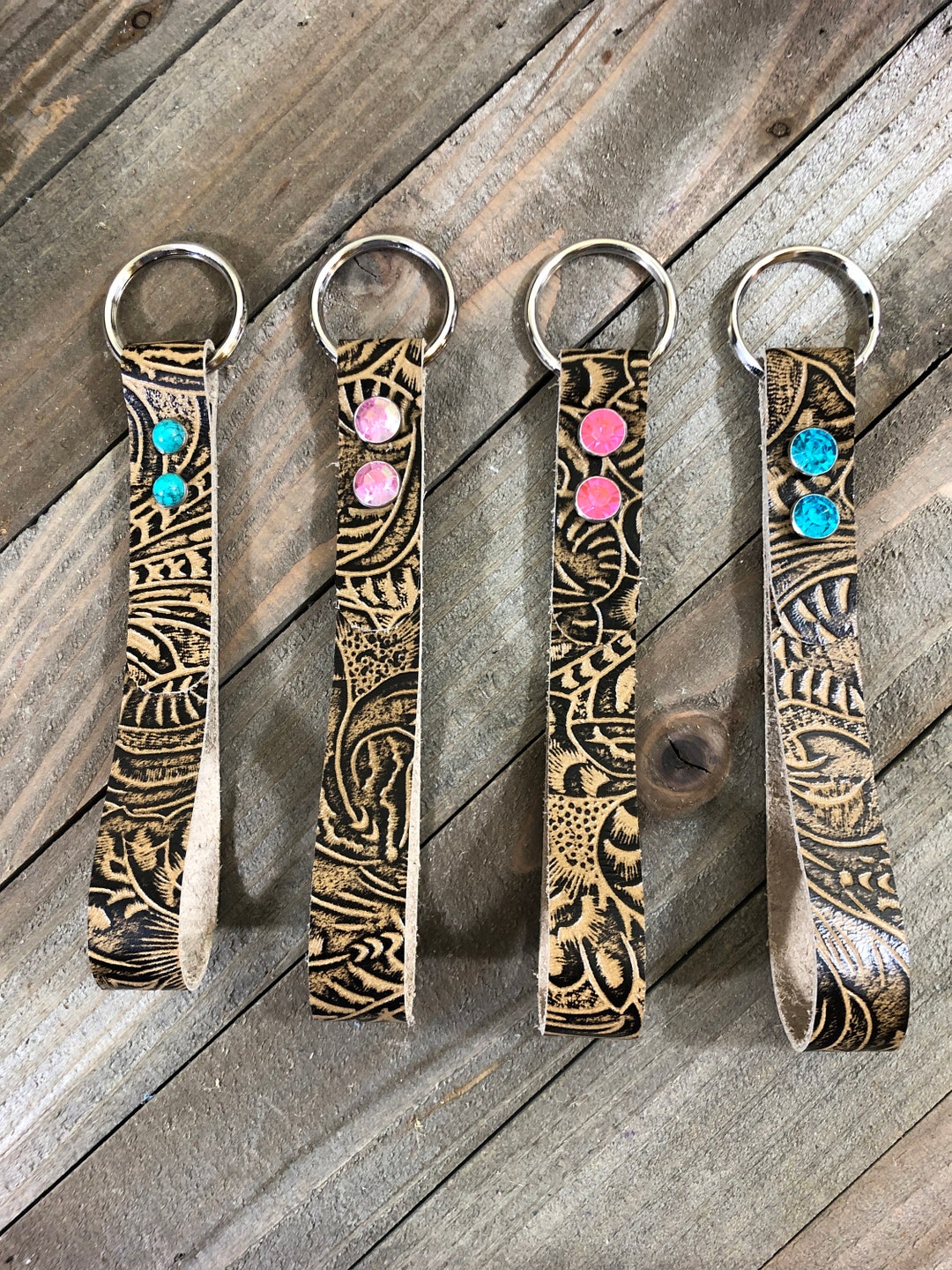 Genuine Leather Keychain, Leather Western Floral Embossed Keychain ...