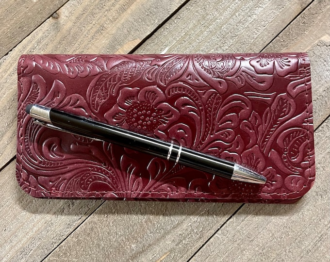 Burgundy Red Floral Italian Leather Checkbook Cover, Red Leather ...