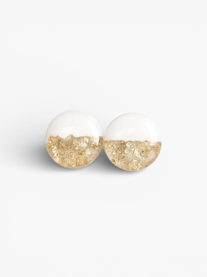 Handmade White Stud Earrings With Gold Foil - Hypoallergenic Surgical ...