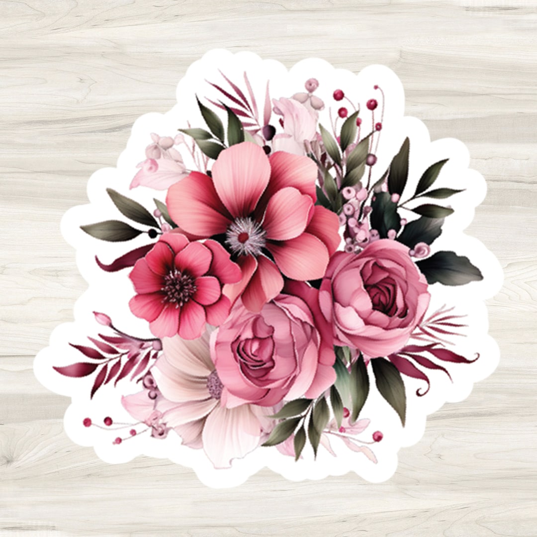 Dark Pink Floral Sticker Water Bottle Sticker Flower Sticker Notebook ...