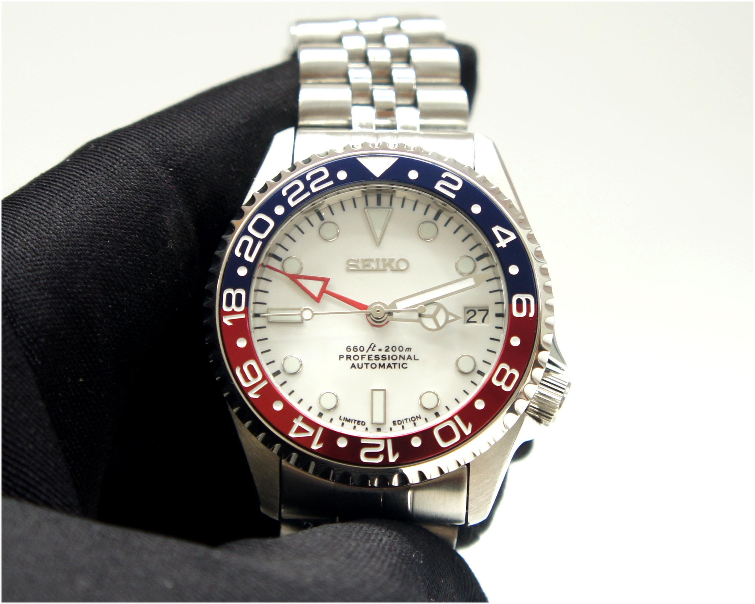 GMT Vintage Dark Blue Red Bezel Insert Seiko Skx013 Divers Watch White ...