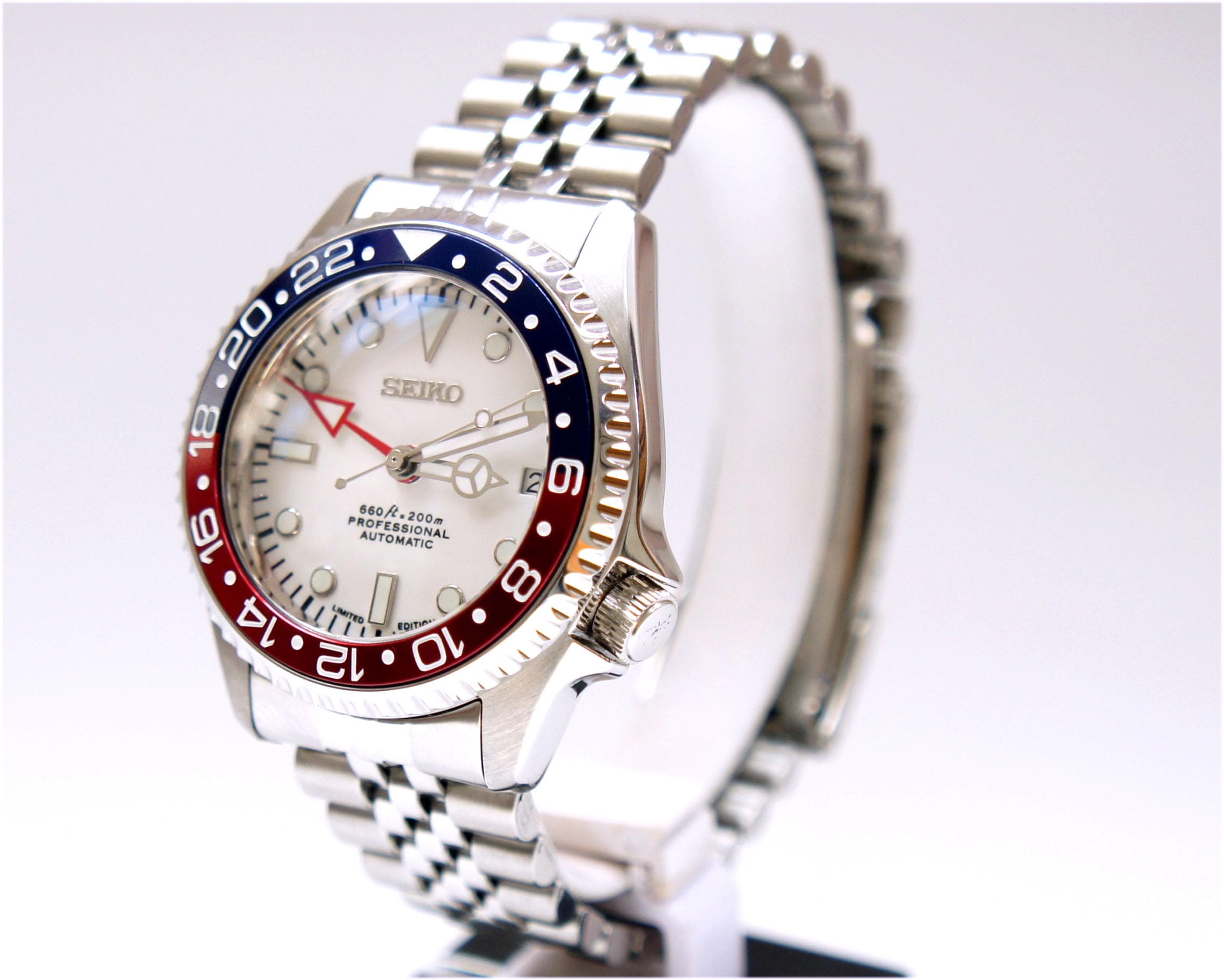 GMT Vintage Dark Blue Red Bezel Insert Seiko Skx013 Divers Watch White ...