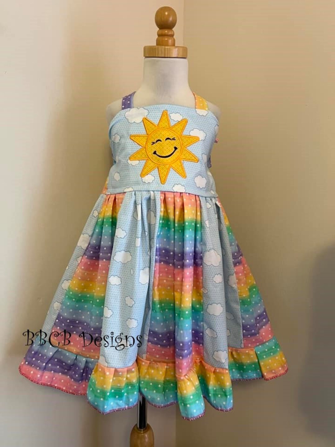 Girls Rainbow Striped Sunshine Applique Twirl Dress With Ruffles - Size ...