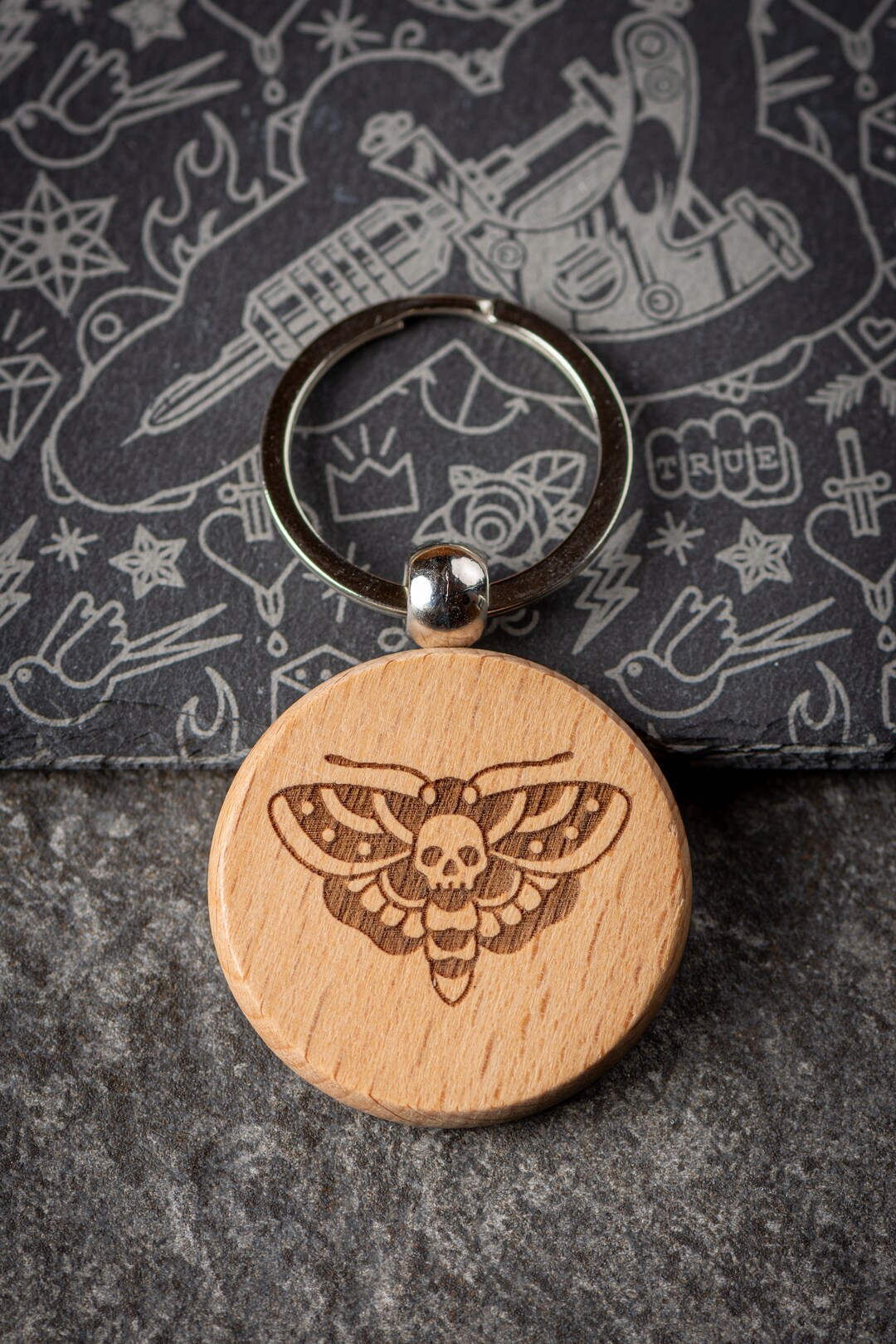 Moth Tattoo Design Wood Keyring - Traditional Tattoo - Laser Engraved ...