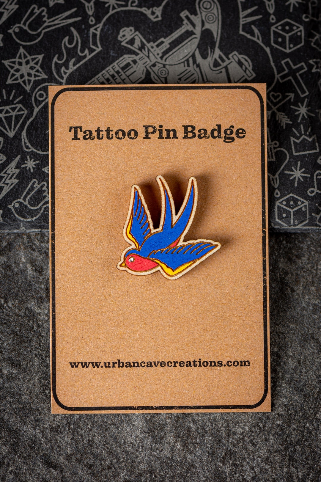 Swallow Tattoo Design Pin Badge - Traditional Tattoo - Painted Laser ...