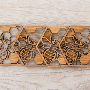 Set of 4 Hexagonal Oak Bee Drinks Coasters - Coffee - Tea - Wine - Beer ...