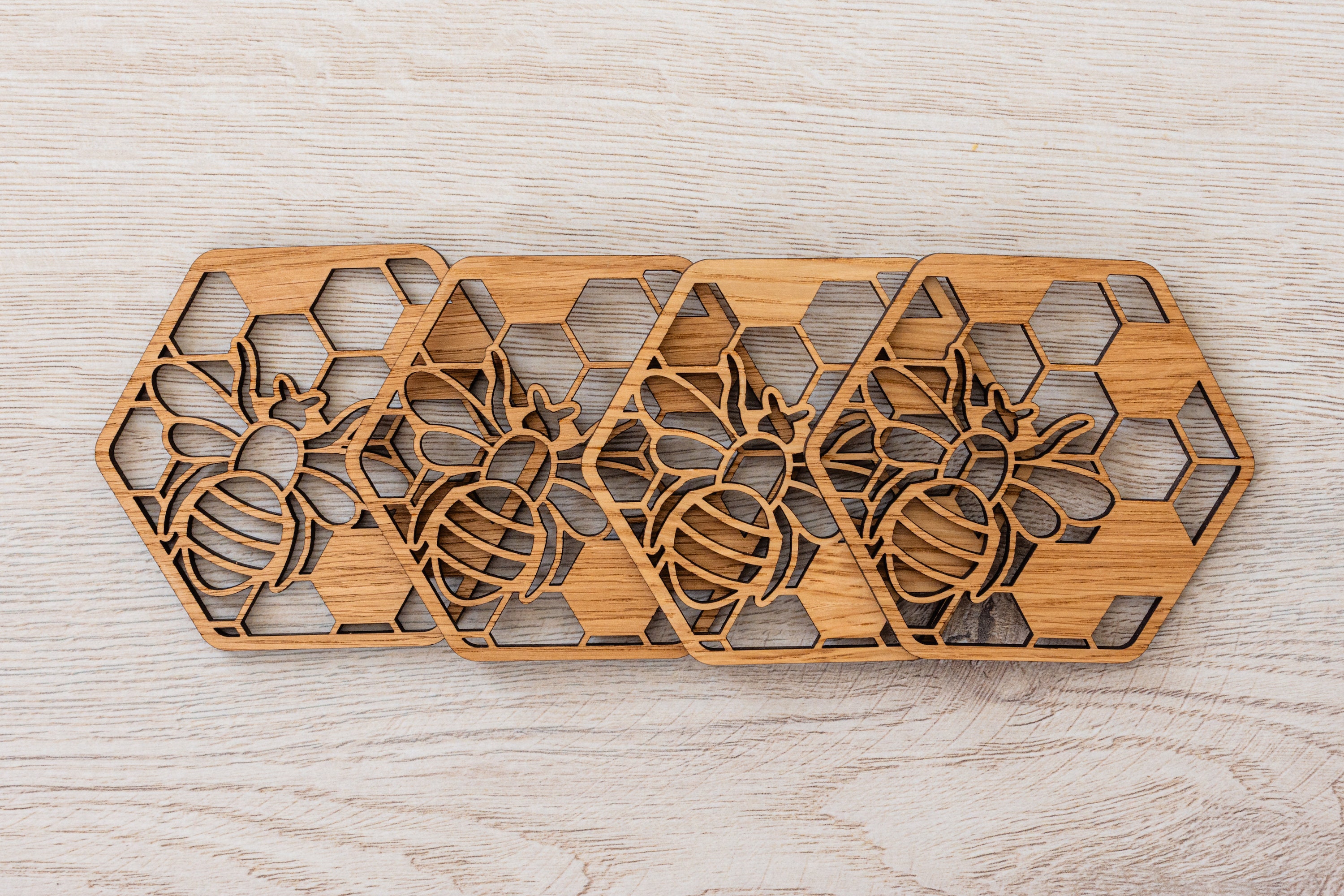 Set of 4 Hexagonal Oak Bee Drinks Coasters - Coffee - Tea - Wine - Beer ...