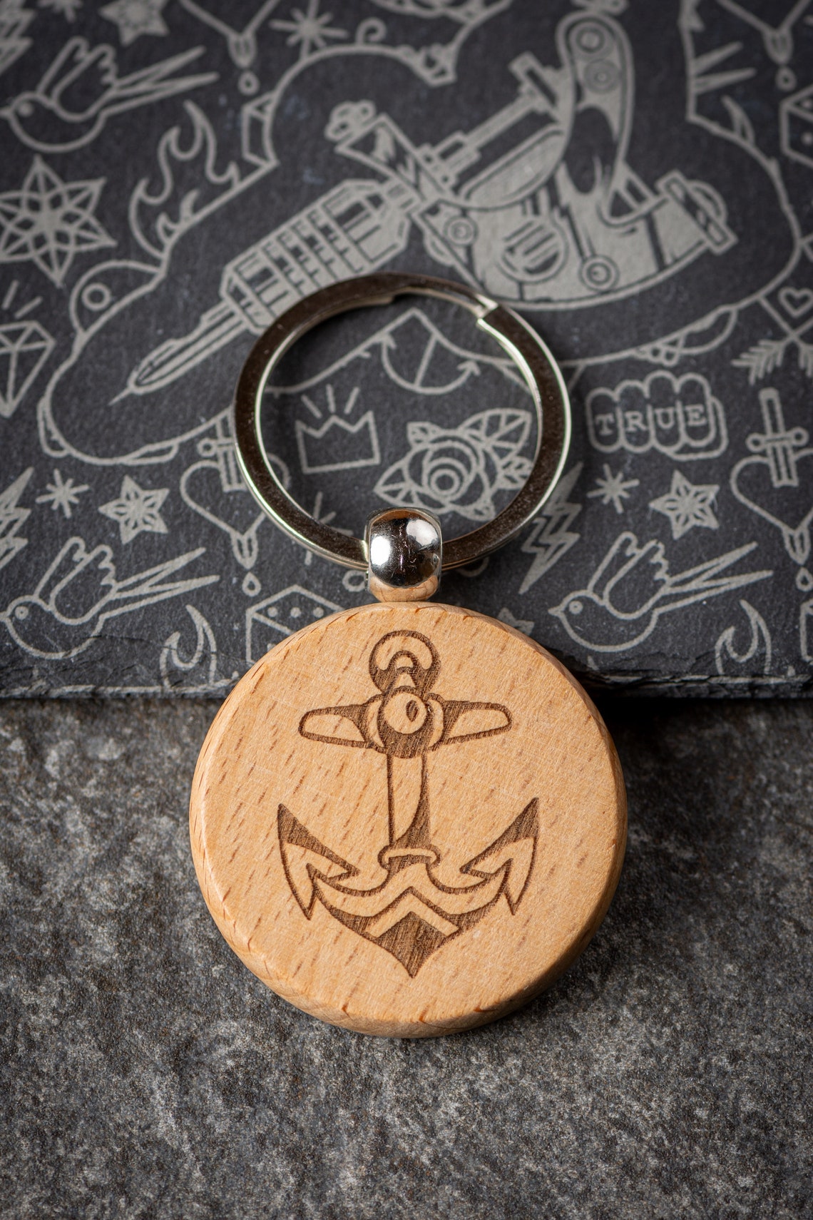 Anchor Tattoo Design Wood Keyring - Traditional Tattoo - Laser Engraved ...