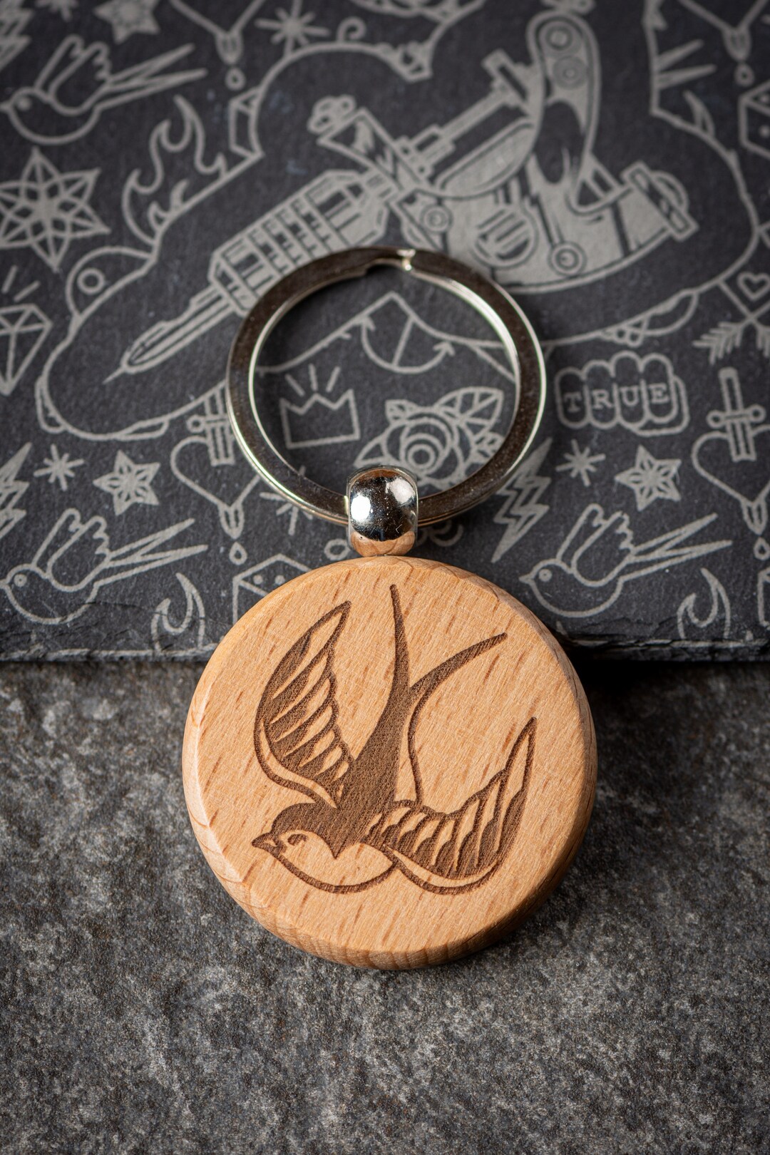 Swallow Tattoo Design Wood Keyring - Traditional Tattoo - Laser ...