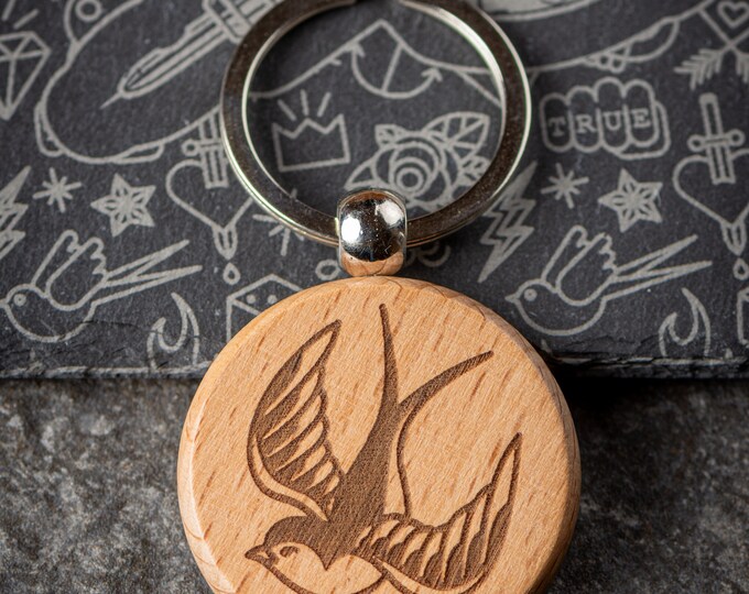 Swallow Tattoo Design Wood Keyring - Traditional Tattoo - Laser ...