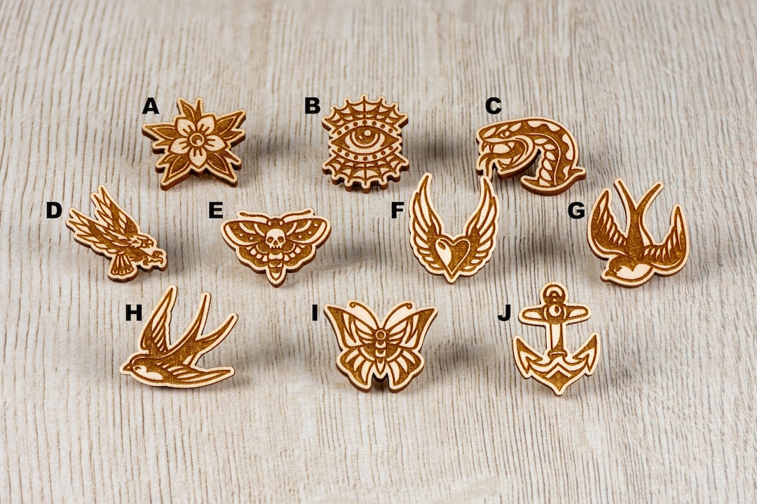 Tattoo Design Pin Badge Traditional Tattoo Laser Engraved Wooden Pin ...