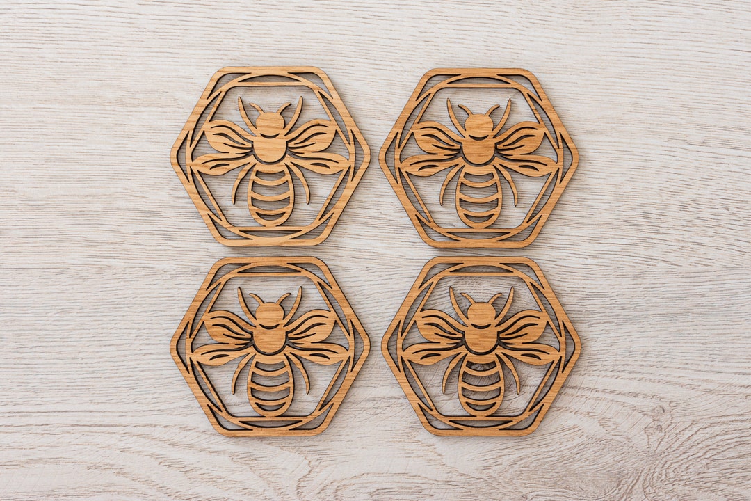 Set of 4 Hexagonal Oak Bee Drinks Coasters - Coffee - Tea - Wine - Beer ...