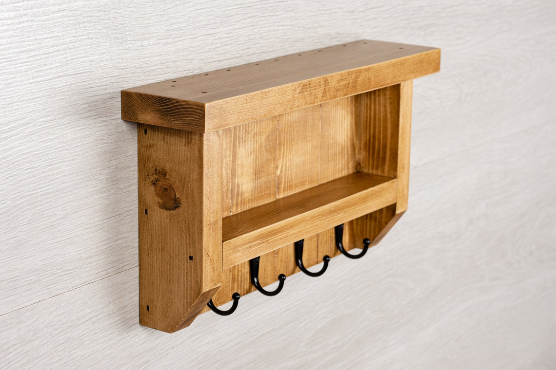 Rustic Wall Mounted Wooden Key Holder With Shelf Reclaimed Wood Hall ...