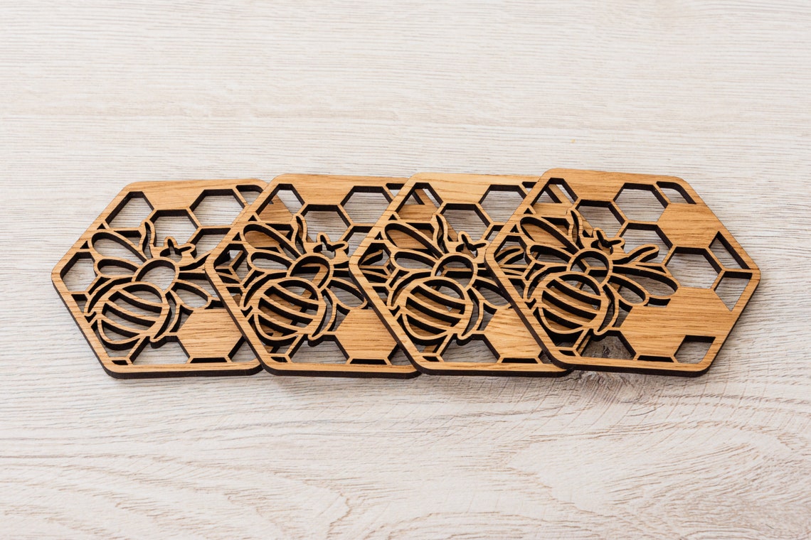 Set of 4 Hexagonal Oak Bee Drinks Coasters - Coffee - Tea - Wine - Beer ...