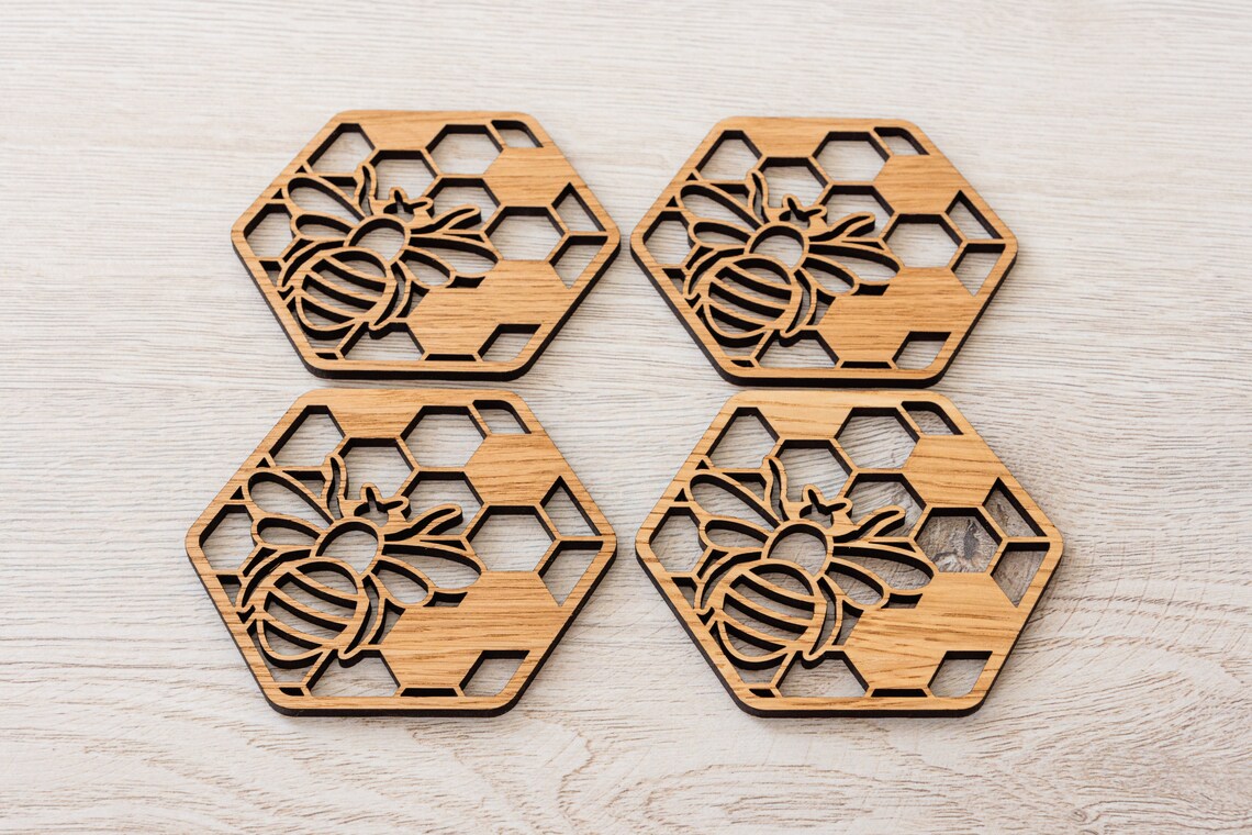 Set of 4 Hexagonal Oak Bee Drinks Coasters - Coffee - Tea - Wine - Beer ...