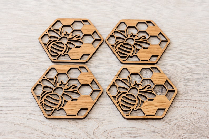 Set of 4 Hexagonal Oak Bee Drinks Coasters - Coffee - Tea - Wine - Beer ...
