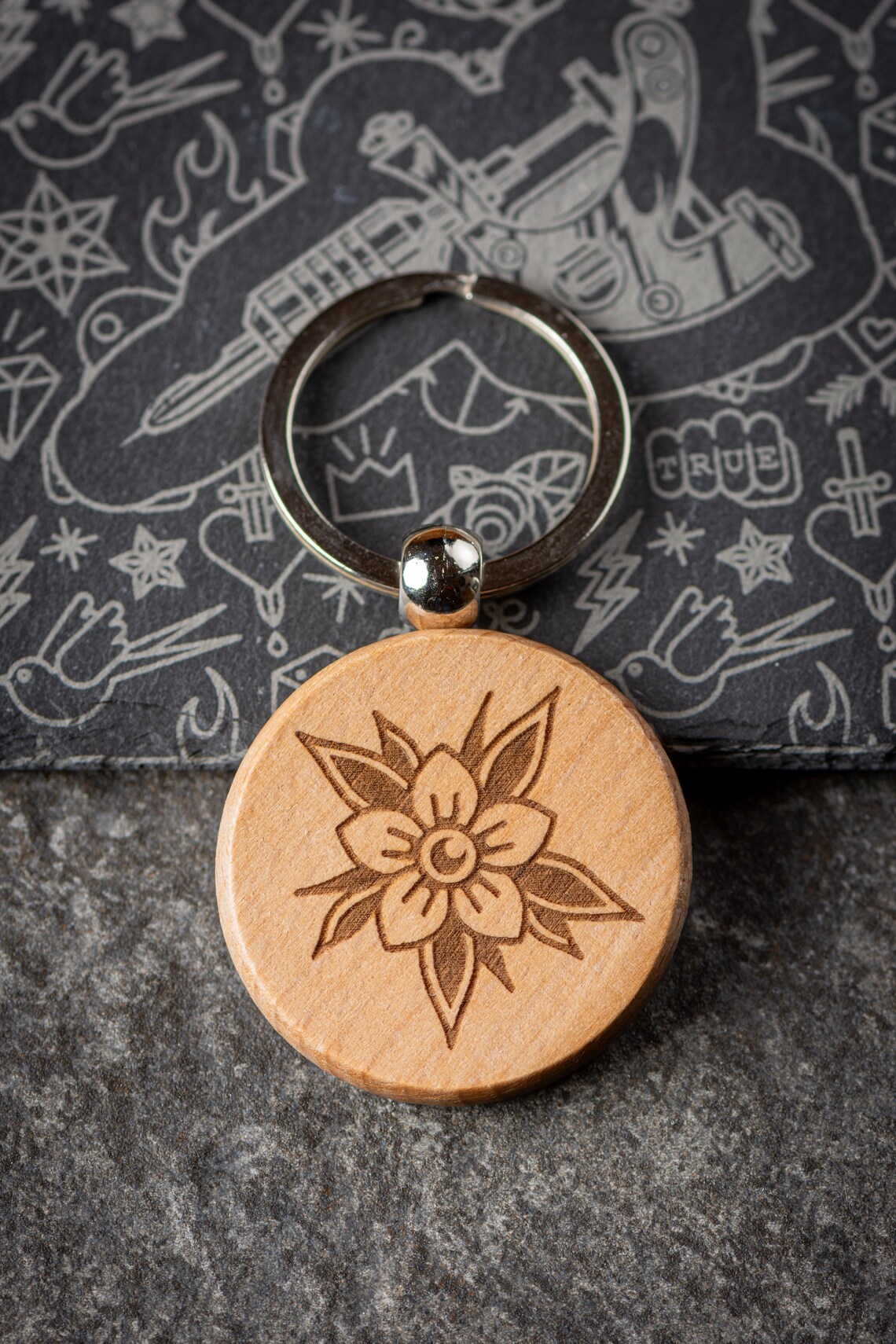 Flower Tattoo Design Wood Keyring - Traditional Tattoo - Laser Engraved ...