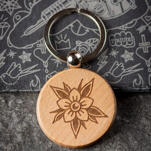 Flower Tattoo Design Wood Keyring - Traditional Tattoo - Laser Engraved ...
