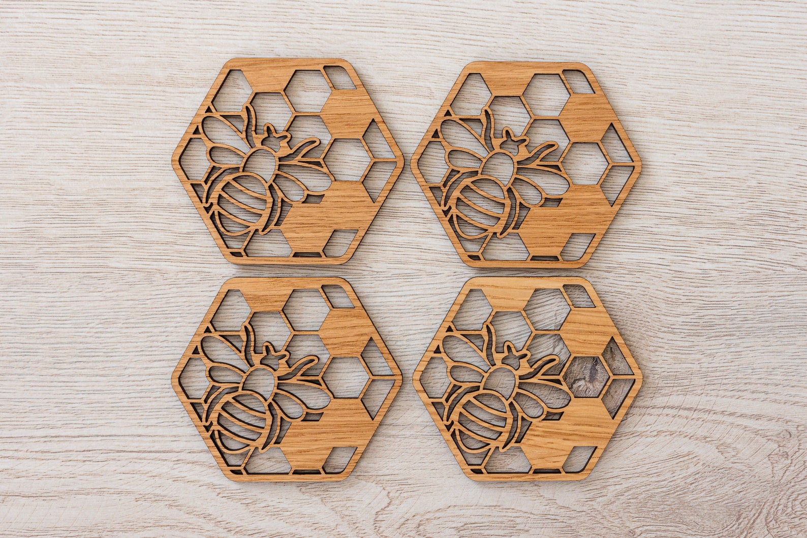 Set of 4 Hexagonal Oak Bee Drinks Coasters - Coffee - Tea - Wine - Beer ...