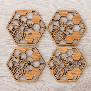Set of 4 Hexagonal Oak Bee Drinks Coasters - Coffee - Tea - Wine - Beer ...