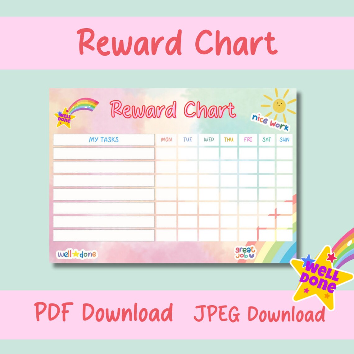 Print at Home Reward Chart, Colourful Sticker Chart, Chore Chart - Etsy