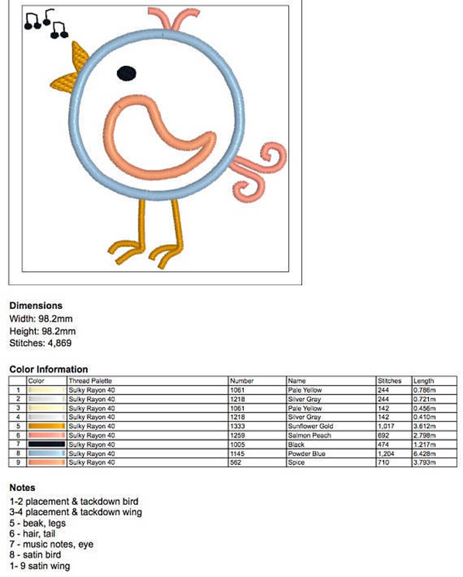 Appliqué Song Bird Machine Embroidery Instant Download Design - Etsy