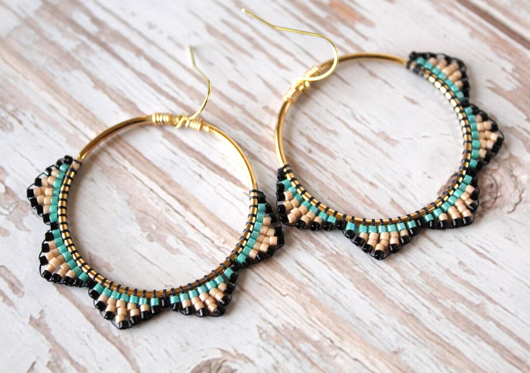 Black and Turquoise Seed Bead Ladder Stitch Gold Hoops - Etsy